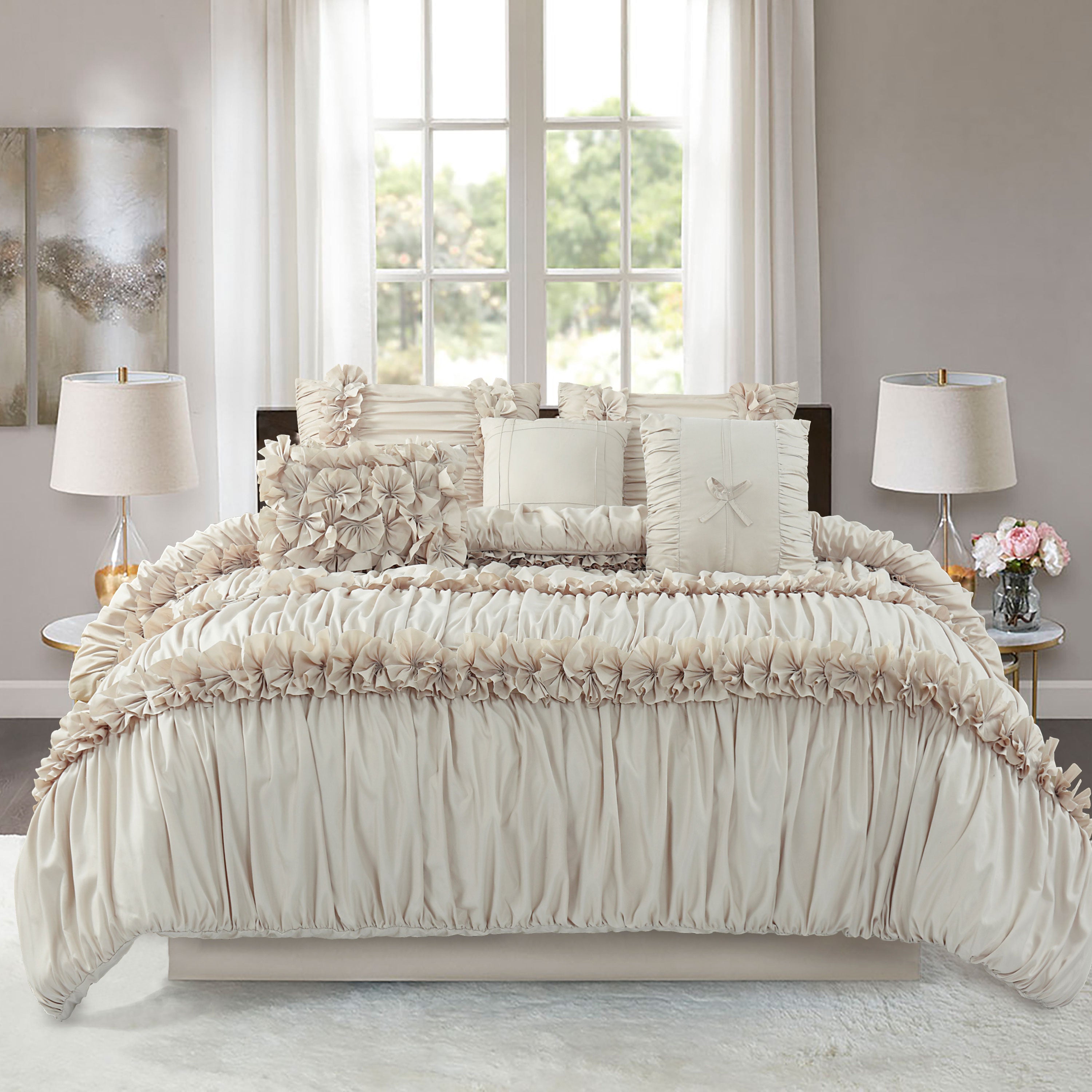 HIG 7 Piece Ruched Pleat Comforter Set Camel and White Romantic Bed in ...
